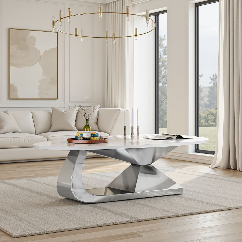 Everly Quinn 51" Modern Sintered Stone Coffee Table - Stainless Steel Base with Faux Marble Top ...